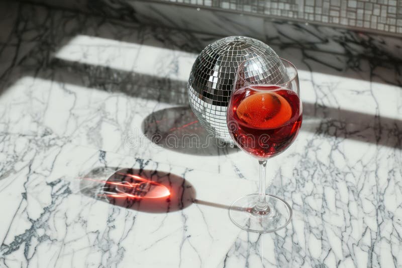 Disco Ball and Glass of Wine on Party Table. Generative AI Stock Photo ...