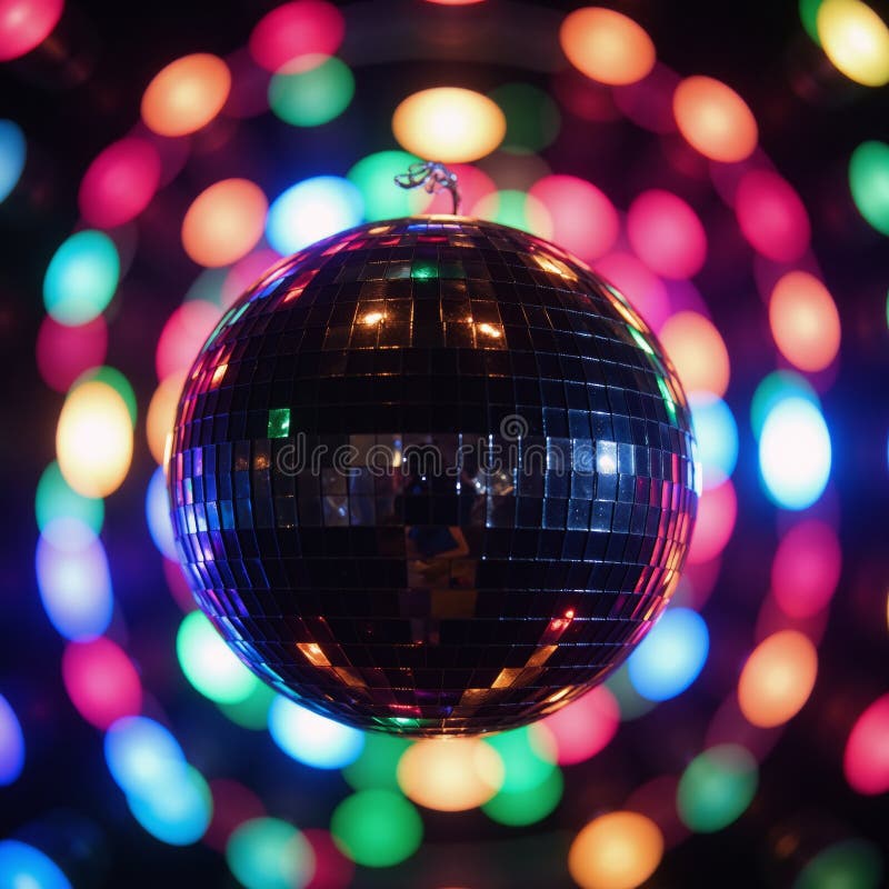 Disco Ball Glowing Against Backdrop of Colorful Reflected Light Rays ...