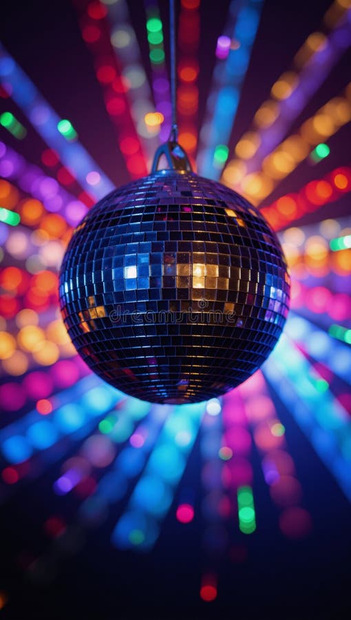 Disco Ball Glowing Against Backdrop of Colorful Reflected Light Rays ...