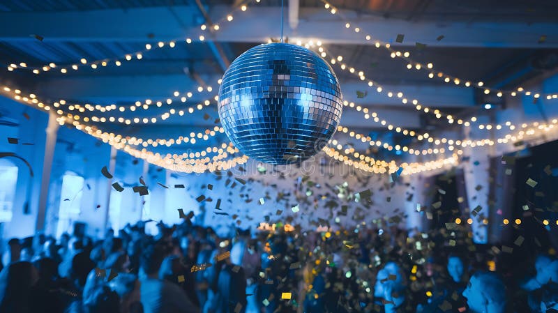 Disco Ball Hanging Above a Crowd of People Celebrating with Confetti ...