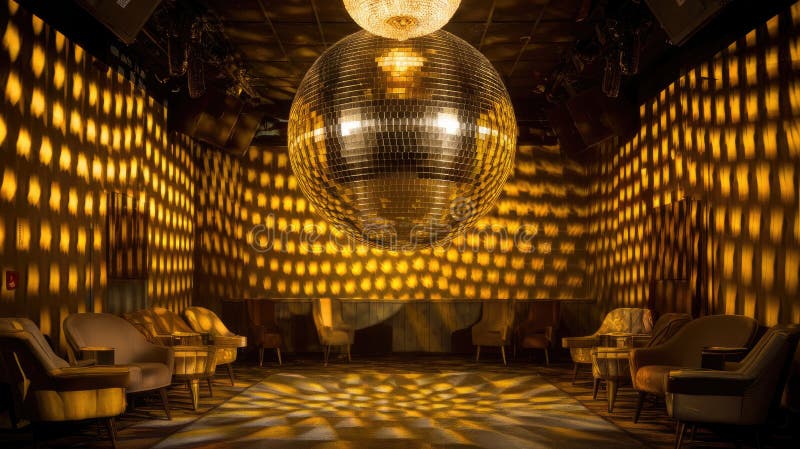 A Disco Ball Reflects Golden Light Patterns in an Elegant Lounge ...
