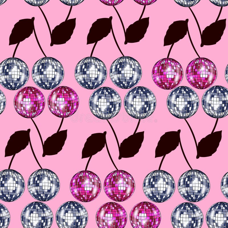 Disco Balls Coquette Cherry Seamless Pattern on Pink Background Stock ...
