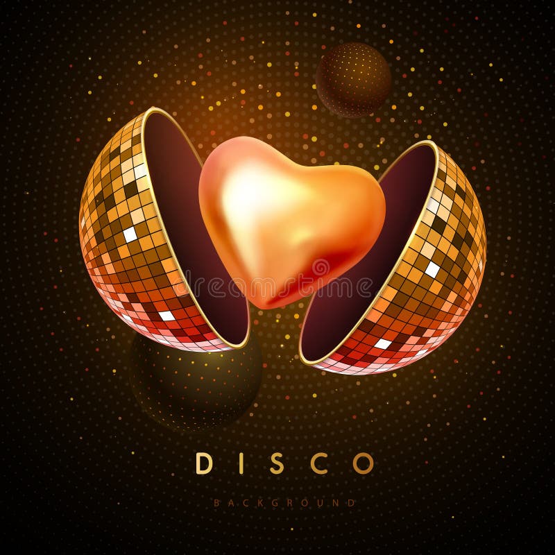 Disco Party Background with 3d Open Disco Ball and Love Heart Inside ...