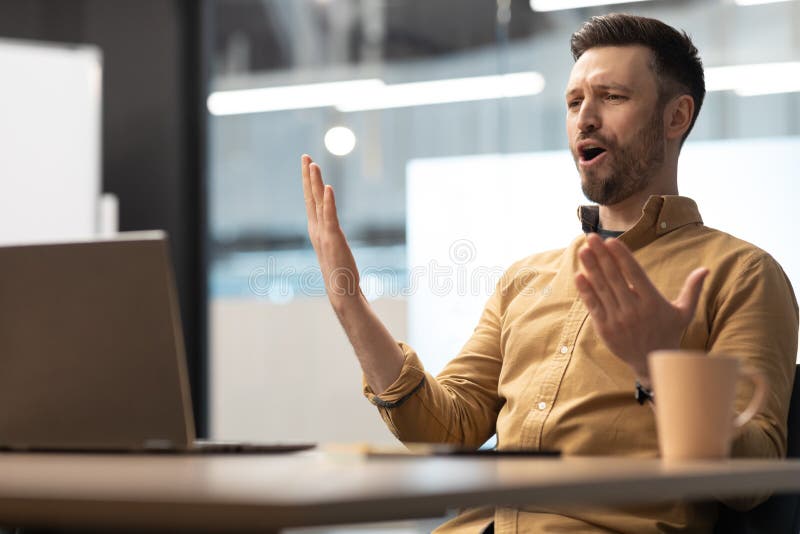 Discontented Business Man Making Video Call Having Problem in Office ...