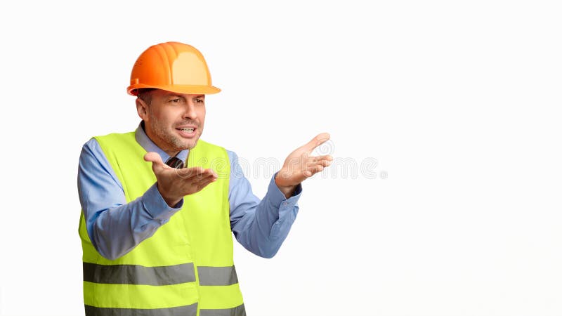 Discontented Construction Worker Gesturing Posing on White Background ...
