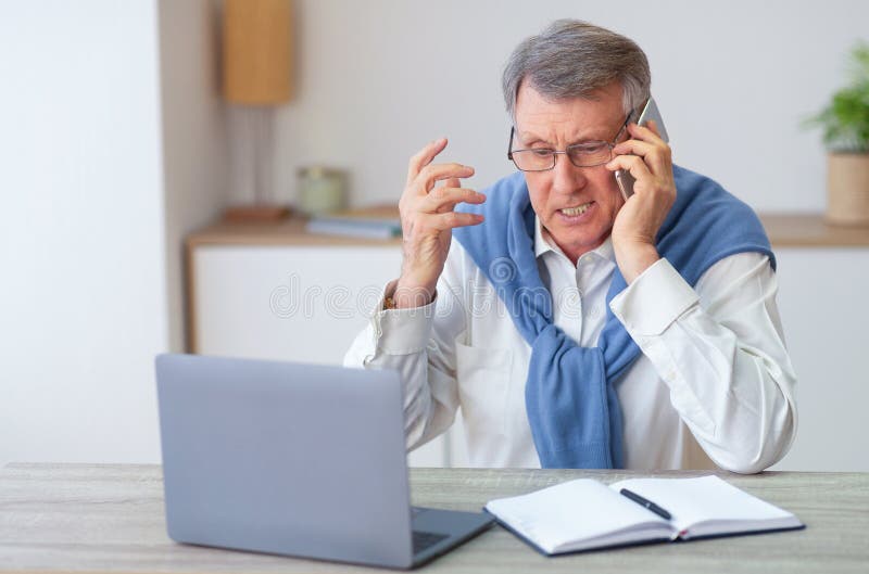 Discontented Elderly Man Calling To Customer Support Sitting at ...