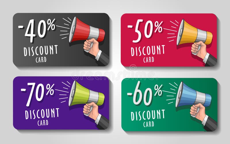 Discount Cards with Loudspeaker in Man Hand and Pecents Off Stock ...