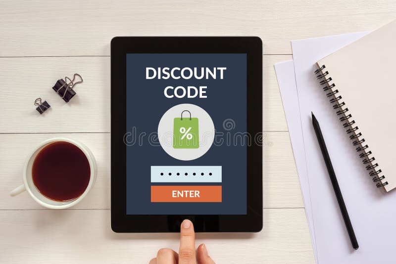 Discount Code Concept on Tablet Screen with Office Objects Stock Image ...
