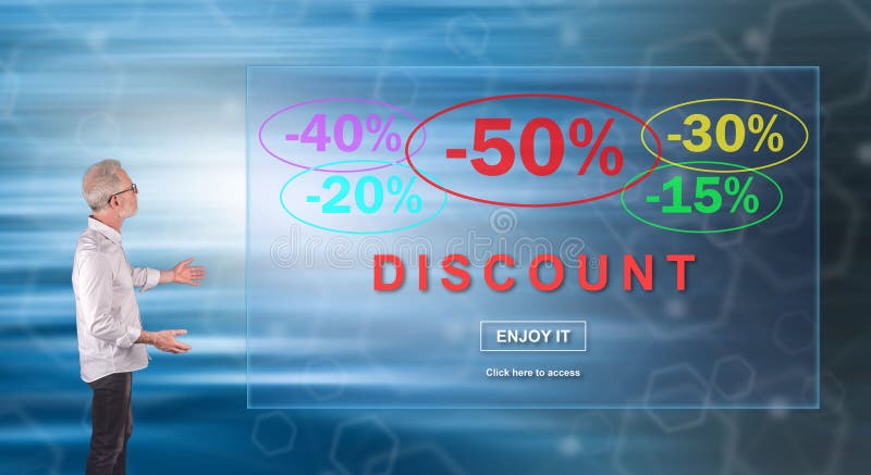 A Discount Concept Explained by a Businessman on a Wall Screen Stock ...