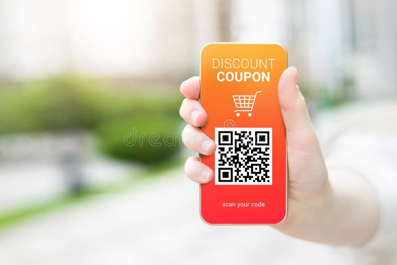 Discount Coupon with QR Code on Smartphone in a Female Hand Stock Image ...