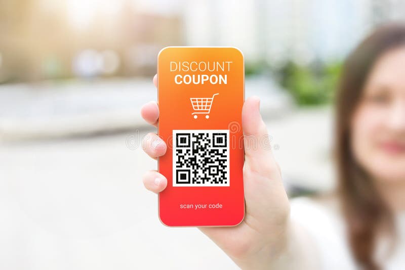 Discount Coupon with QR Code on Smartphone in a Female Hand Stock Image ...