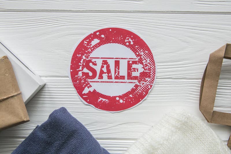 Discount on Items on White Wood Background in Denim Style with Red ...