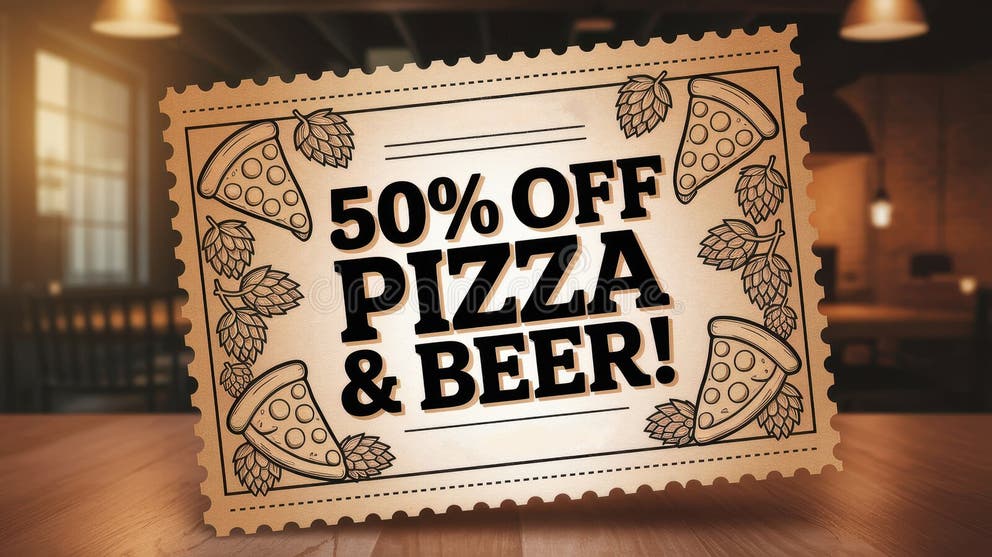 Discount Offer on Pizza and Beer Featuring Rustic Coupon Design in Cozy ...