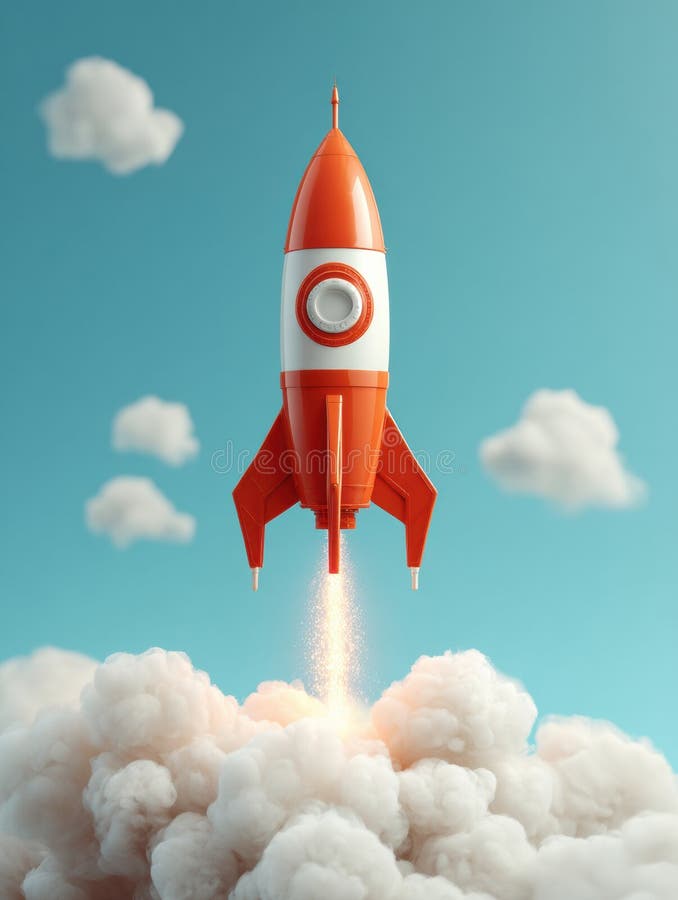 Discount Rocket Launch in a Cartoon-Style Sky with Soft Clouds and a Playful Atmosphere Stock ...