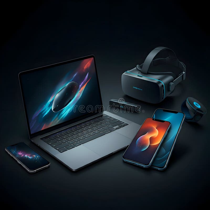 AI-Generated Display of Laptop, VR Headset, Two Smartphones, and Small ...