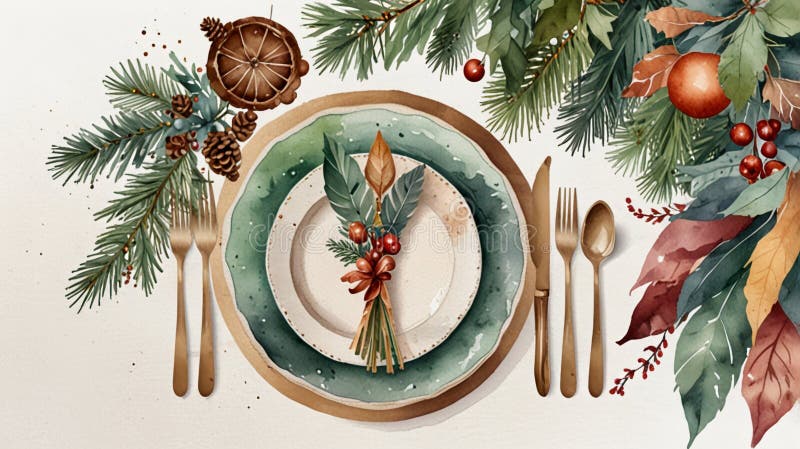 Boho Christmas Table Setting with Natural Elements Stock Illustration ...