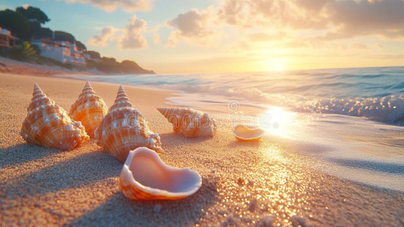 Discover the Beauty of Seashells on Sandy Beaches at Sunset Stock ...