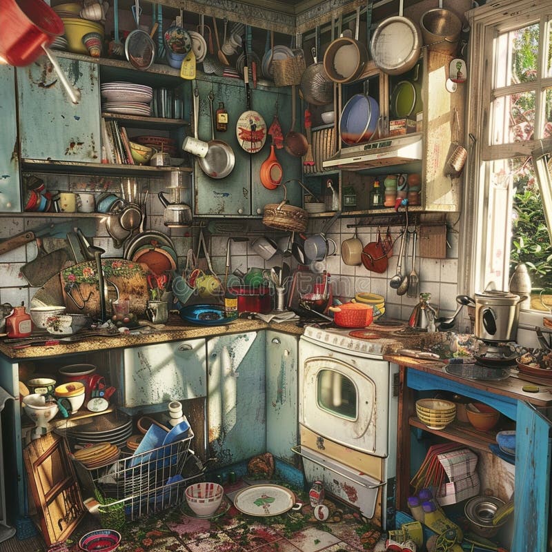 Discover the Chaos of a Cluttered Kitchen with Overflowing Cups and ...