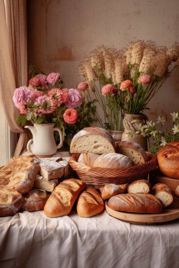 Classic Elegance: Assorted Bakery Items and Flowers in Rural Setting AI ...
