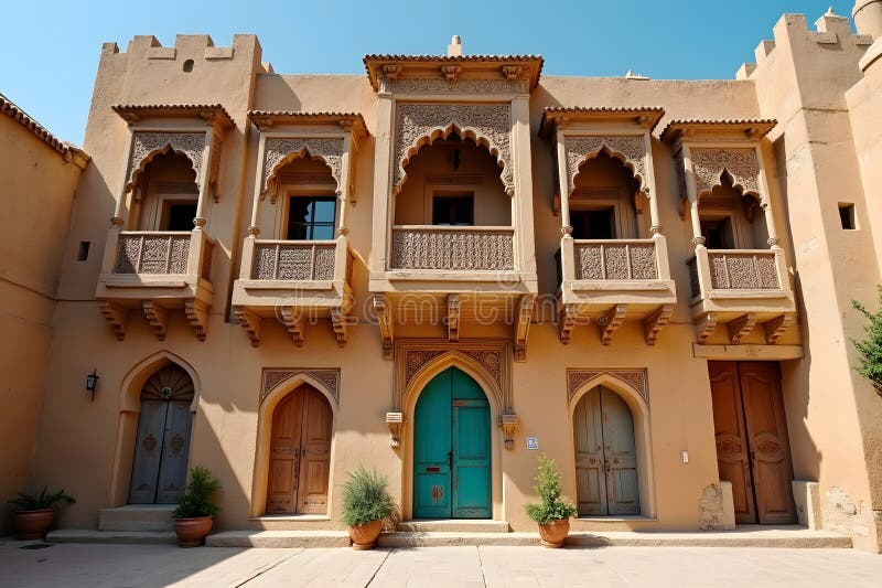 Traditional Middle Eastern House: Ornate Balconies and Arched Entryways ...