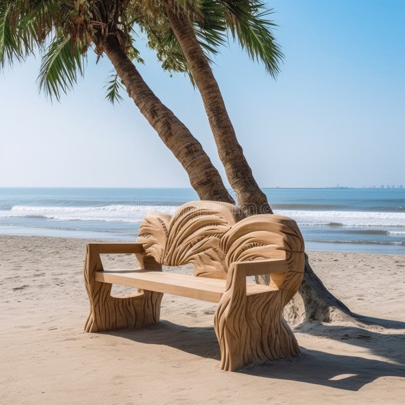 Wooden Tree Bench on Sandy Beach with Ocean Outlook Stock Illustration ...