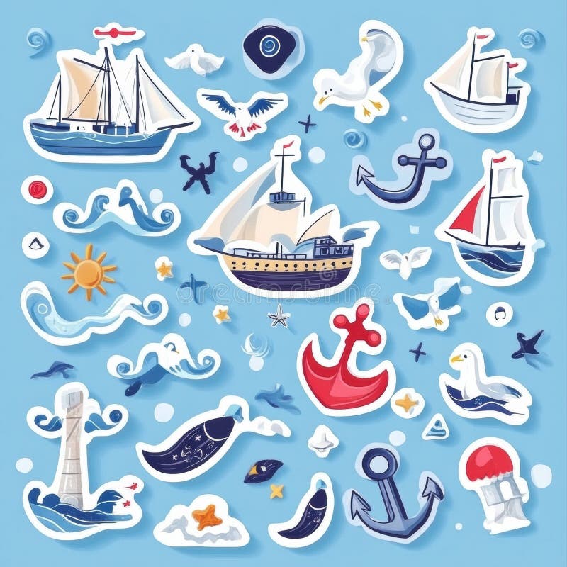 Creative Nautical Sticker Pack Featuring Anchors, Ships, Waves ...