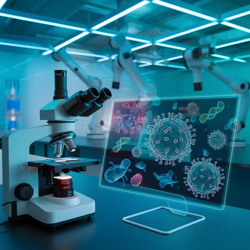 Futuristic Laboratory with Advanced Microscope & Holographic Virus ...