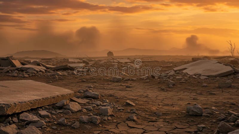 Exploring Ruined Landscape at Sunset with Debris and Cracked Earth ...