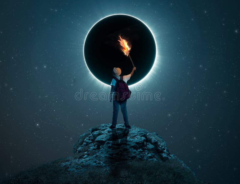 Admire the Moon. Woman Standing on Cliff Stock Photo - Image of harmony ...