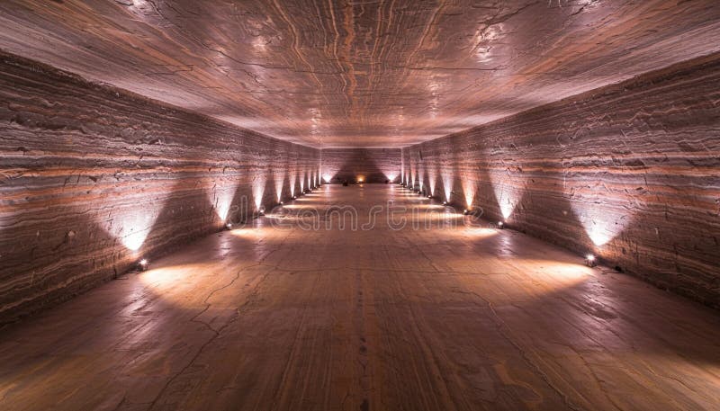 Illuminated Stone Corridor with Textured Layered Walls and Lighting ...