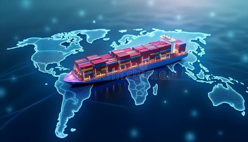 Global Trade Visualization - Cargo Ship on Digital World Map Stock ...