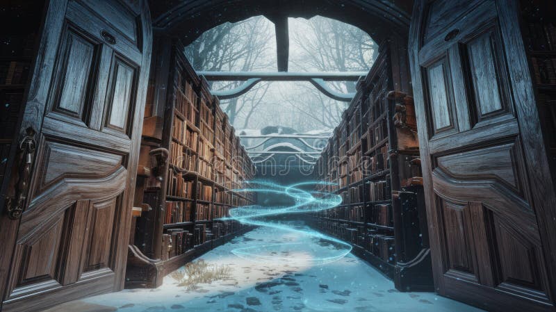 Forgotten Library in a Snow-Covered Forest with Glowing Wisps Stock ...