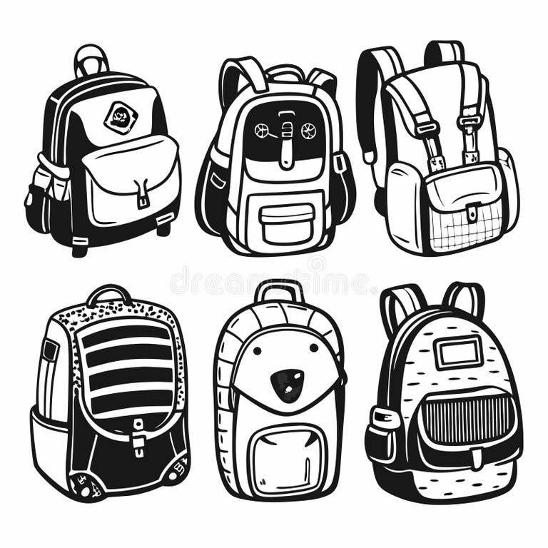 Hand-Drawn Backpack Doodle Set – 6 Unique Black and White Bag ...