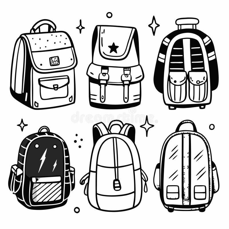 Hand-Drawn Backpack Doodle Set – 6 Unique Black and White Bag ...