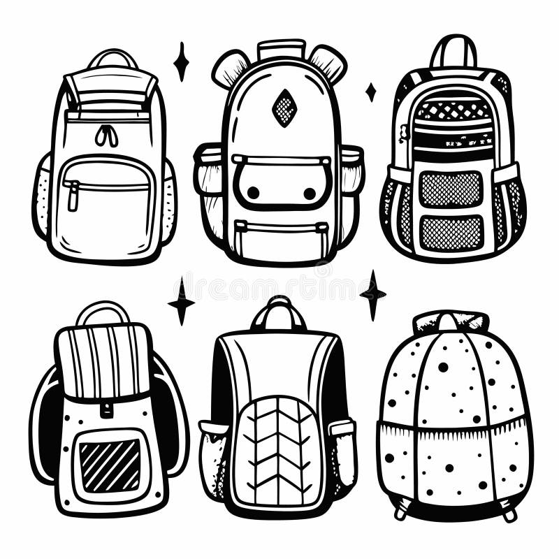 Hand-Drawn Backpack Doodle Set – 6 Unique Black and White Bag ...