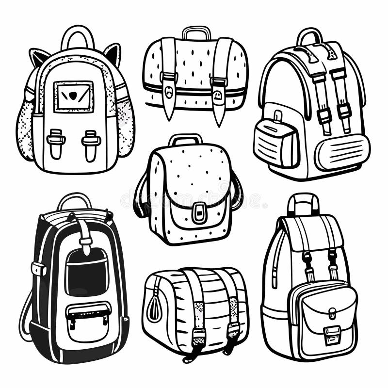 Hand-Drawn Backpack Doodle Set – 6 Unique Black and White Bag ...