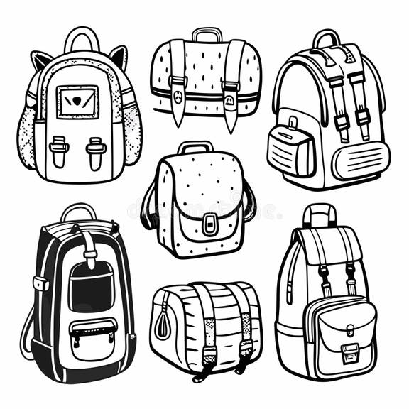 Hand-Drawn Backpack Doodle Set – 6 Unique Black and White Bag ...