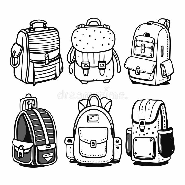 Hand-Drawn Backpack Doodle Set – 6 Unique Black and White Bag ...
