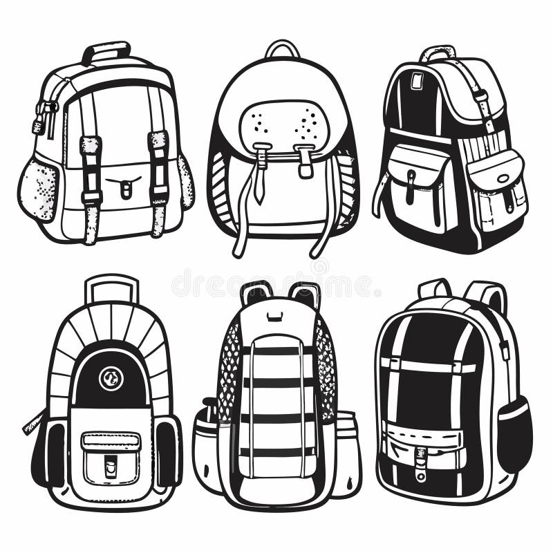 Hand-Drawn Backpack Doodle Set – 6 Unique Black and White Bag ...