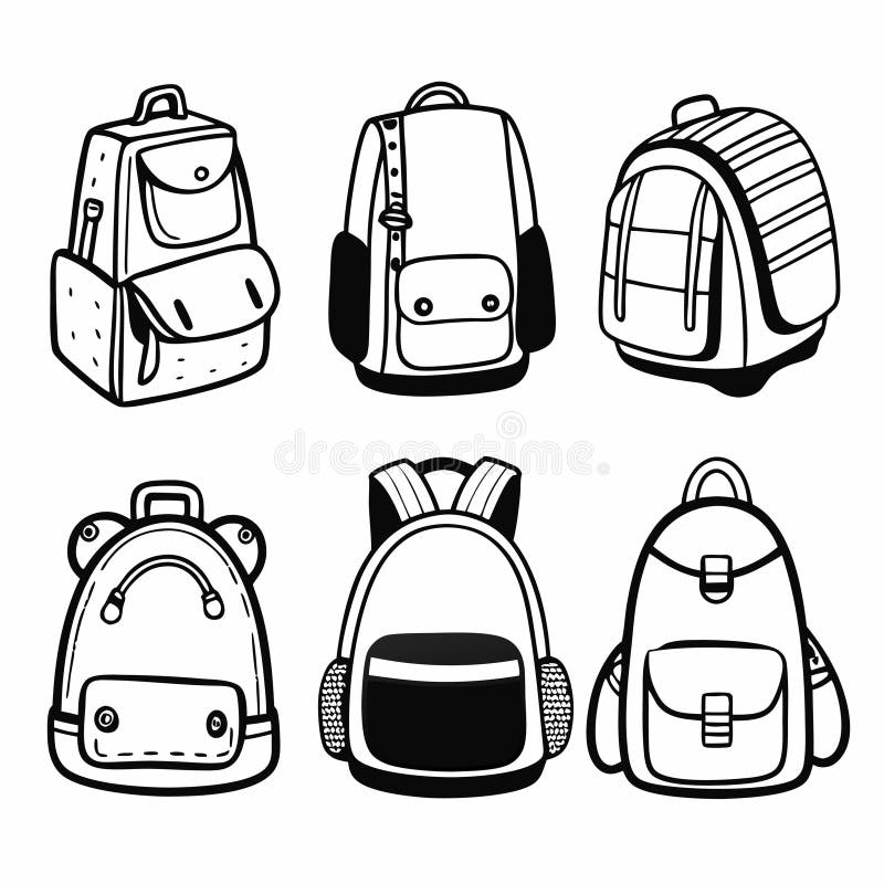 Hand-Drawn Backpack Doodle Set – 6 Unique Black and White Bag ...
