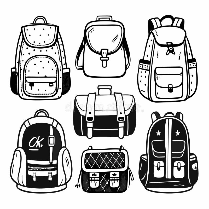 Hand-Drawn Backpack Doodle Set – 6 Unique Black and White Bag ...