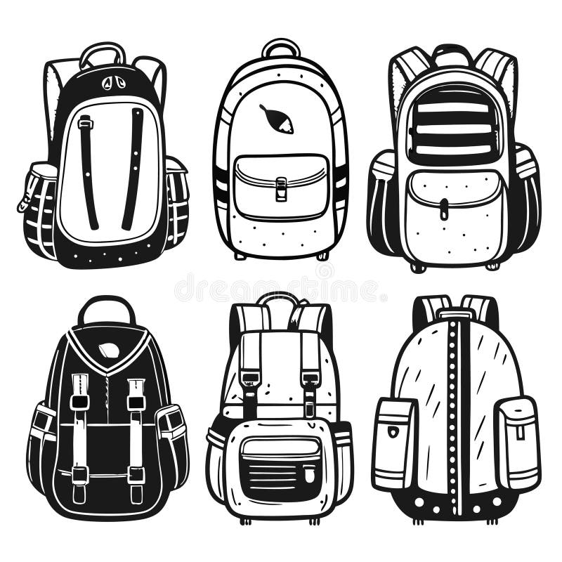 Hand-Drawn Backpack Doodle Set – 6 Unique Black and White Bag ...