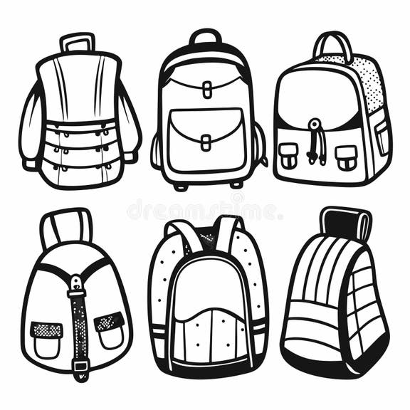 Hand-Drawn Backpack Doodle Set – 6 Unique Black and White Bag ...