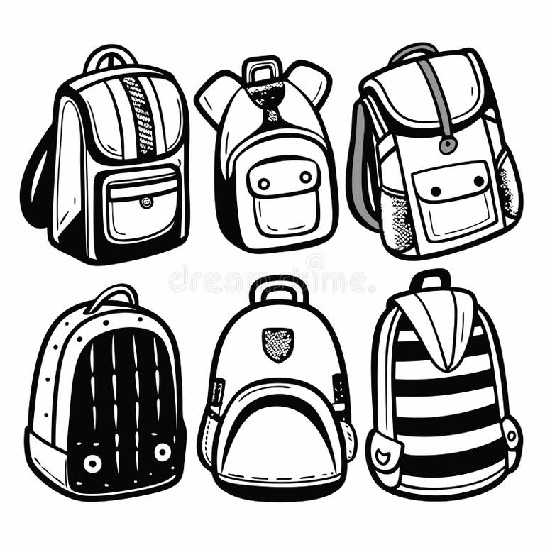 Hand-Drawn Backpack Doodle Set – 6 Unique Black and White Bag ...