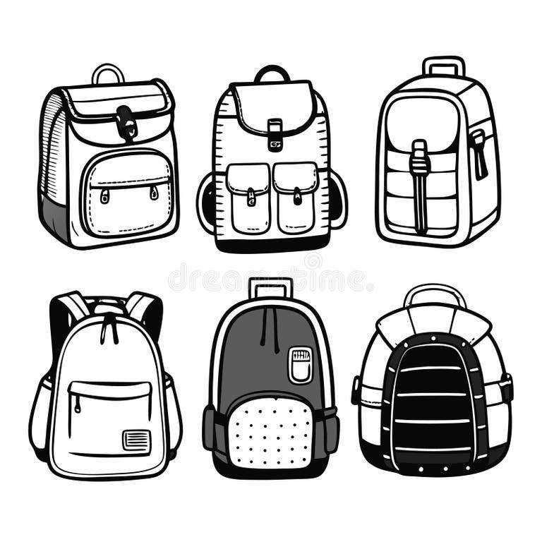 Hand-Drawn Backpack Doodle Set – 6 Unique Black and White Bag ...
