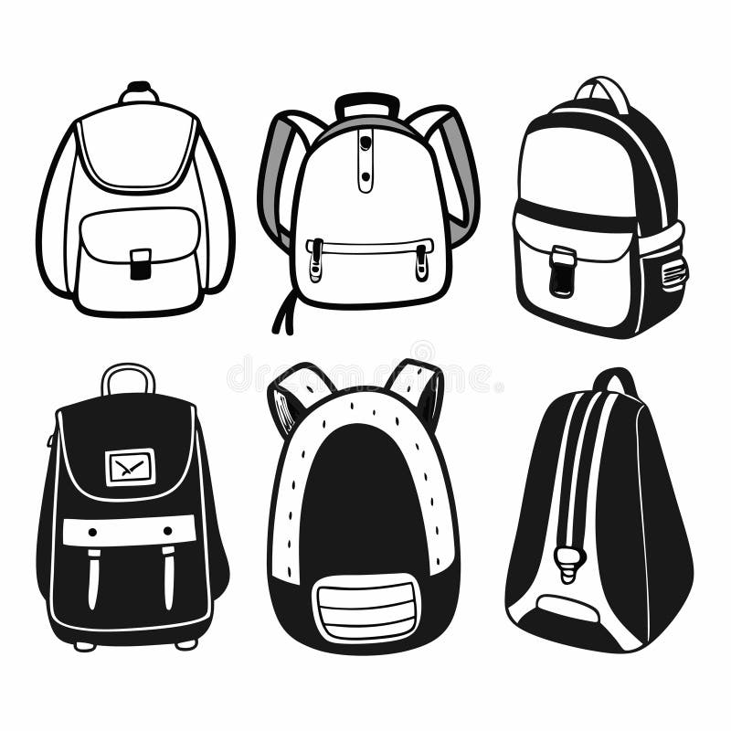 Hand-Drawn Backpack Doodle Set – 6 Unique Black and White Bag ...