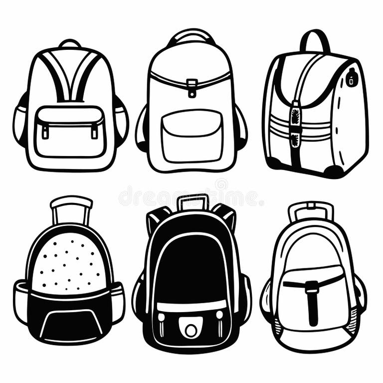 Hand-Drawn Backpack Doodle Set – 6 Unique Black and White Bag ...