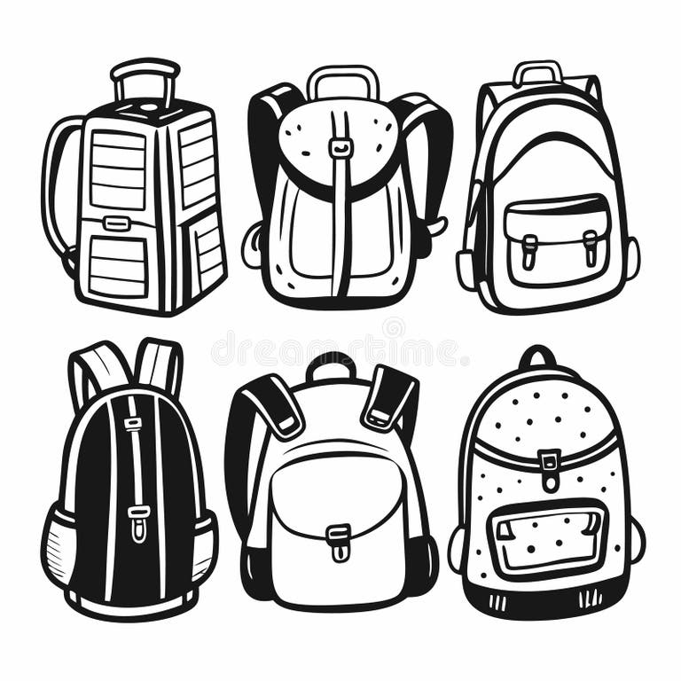 Hand-Drawn Backpack Doodle Set – 6 Unique Black and White Bag ...