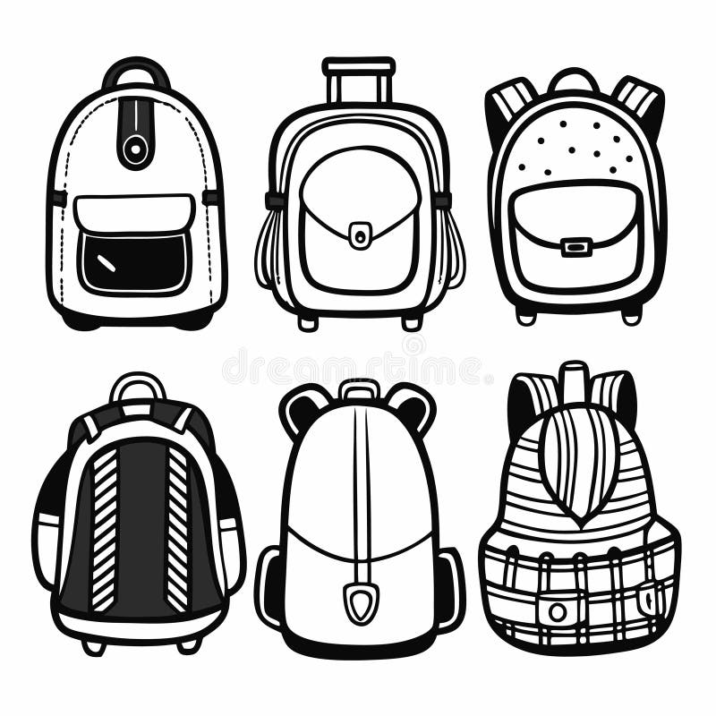Hand-Drawn Backpack Doodle Set – 6 Unique Black and White Bag ...