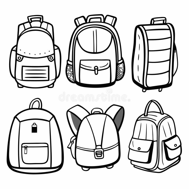 Hand-Drawn Backpack Doodle Set – 6 Unique Black and White Bag ...